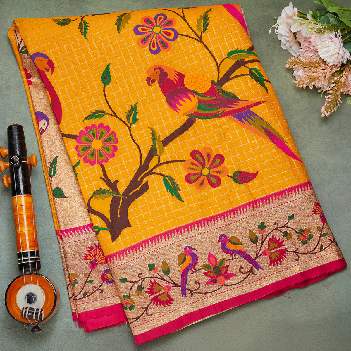 Bright Yellow Banarasi Paithani Silk Saree - Deepamsilksbangalore