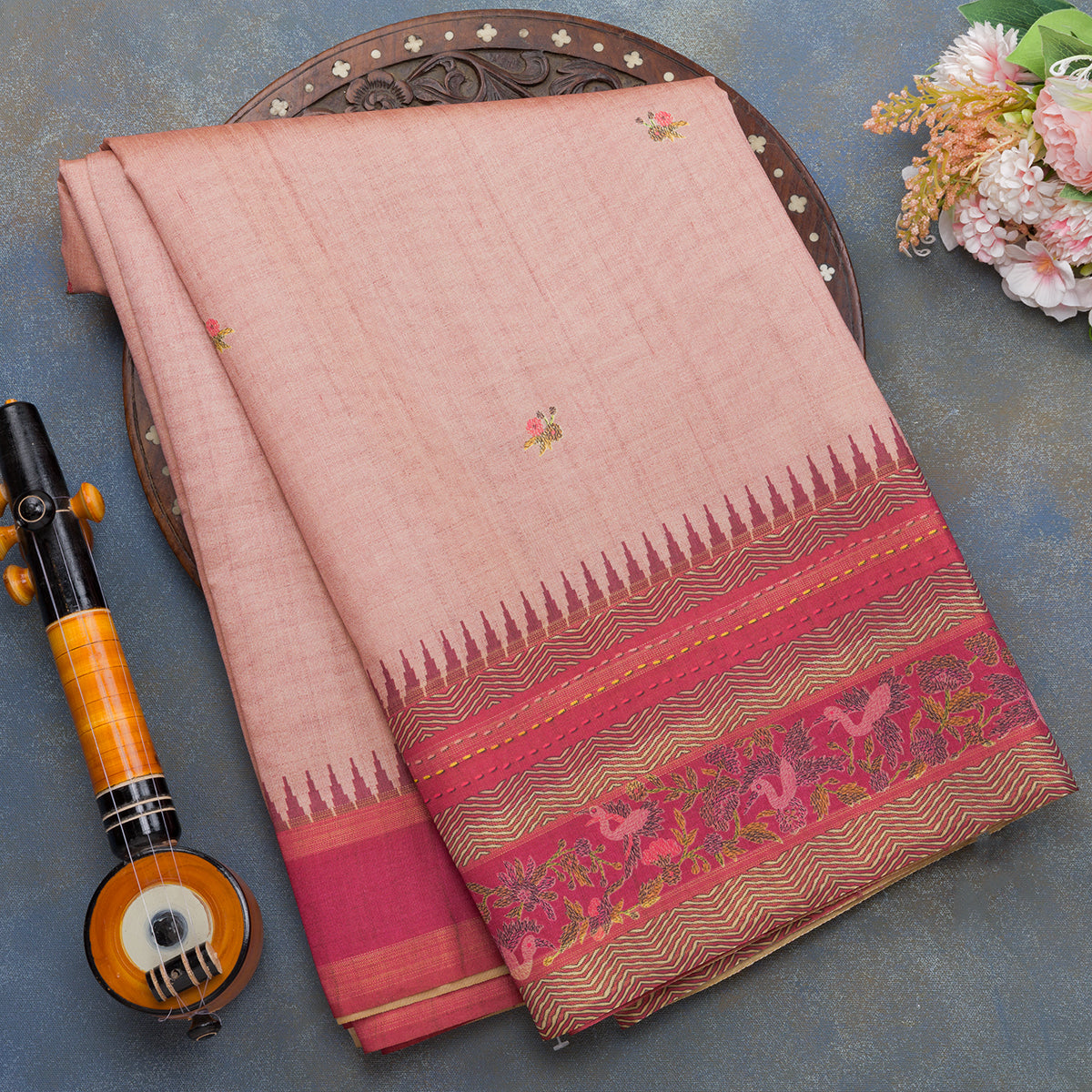 Onion Pink Printed Semi Raw Silk Saree - Deepamsilksbangalore